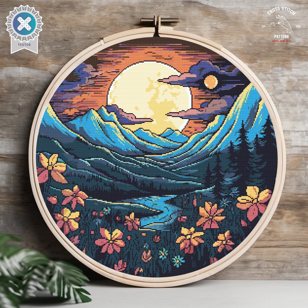 Mountain Cross Stitch Pattern Full Moon Cross Stitch Nature Counted ...