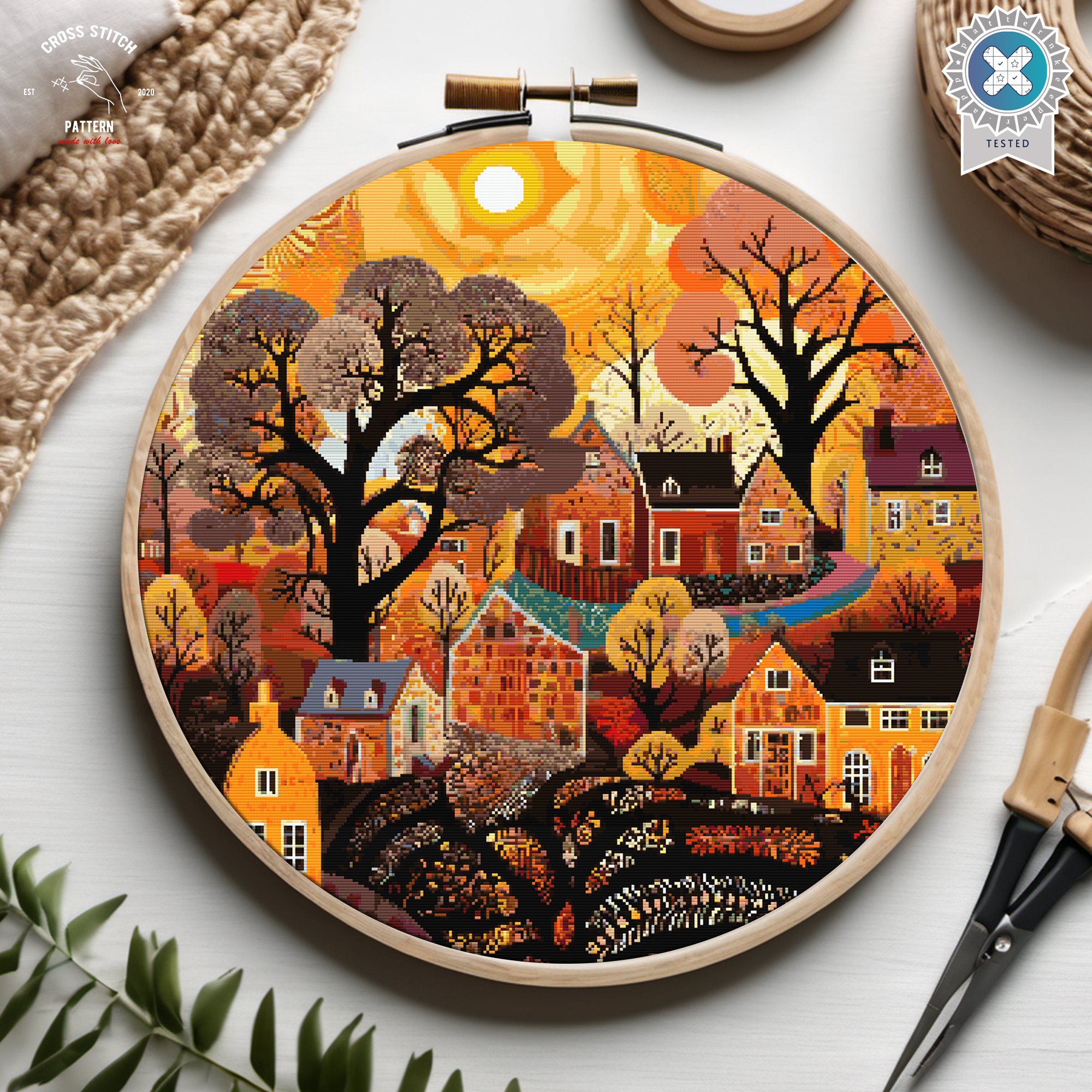 Village Houses Cross Stitch Pattern Colorful Autumn Countryside Nature ...