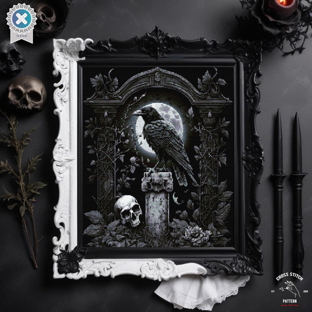 Gothic Raven Cross Stitch Pattern Skull Cross Stitch Creepy Bat Cross ...