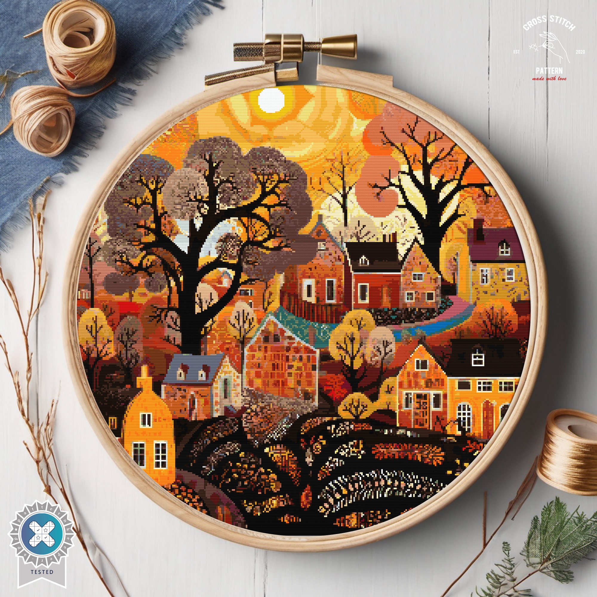 Village Houses Cross Stitch Pattern Colorful Autumn Countryside Nature ...