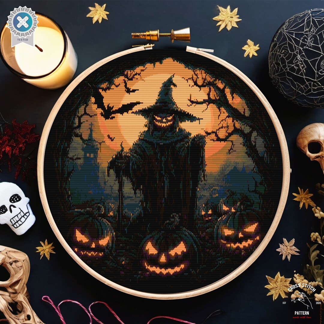 Halloween Scarecrow Cross Stitch Pattern Spooky Cross Stitch Bat Cross ...