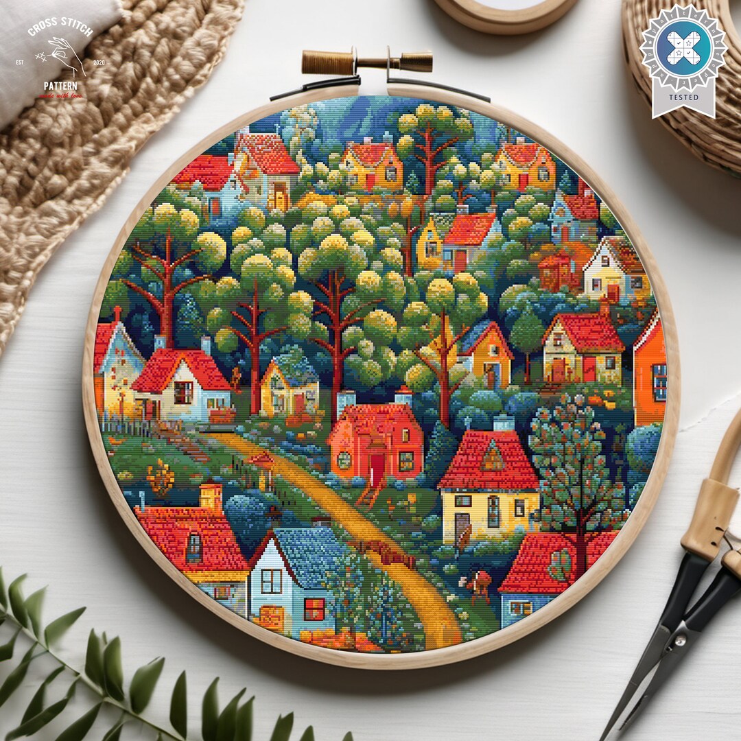 Colorful Village Houses Cross Stitch Pattern Folk Art Town Floral ...
