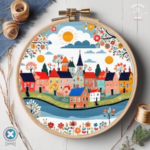 Village Cross Stitch Pattern Colorful Houses Folk Art Town Floral Cozy ...