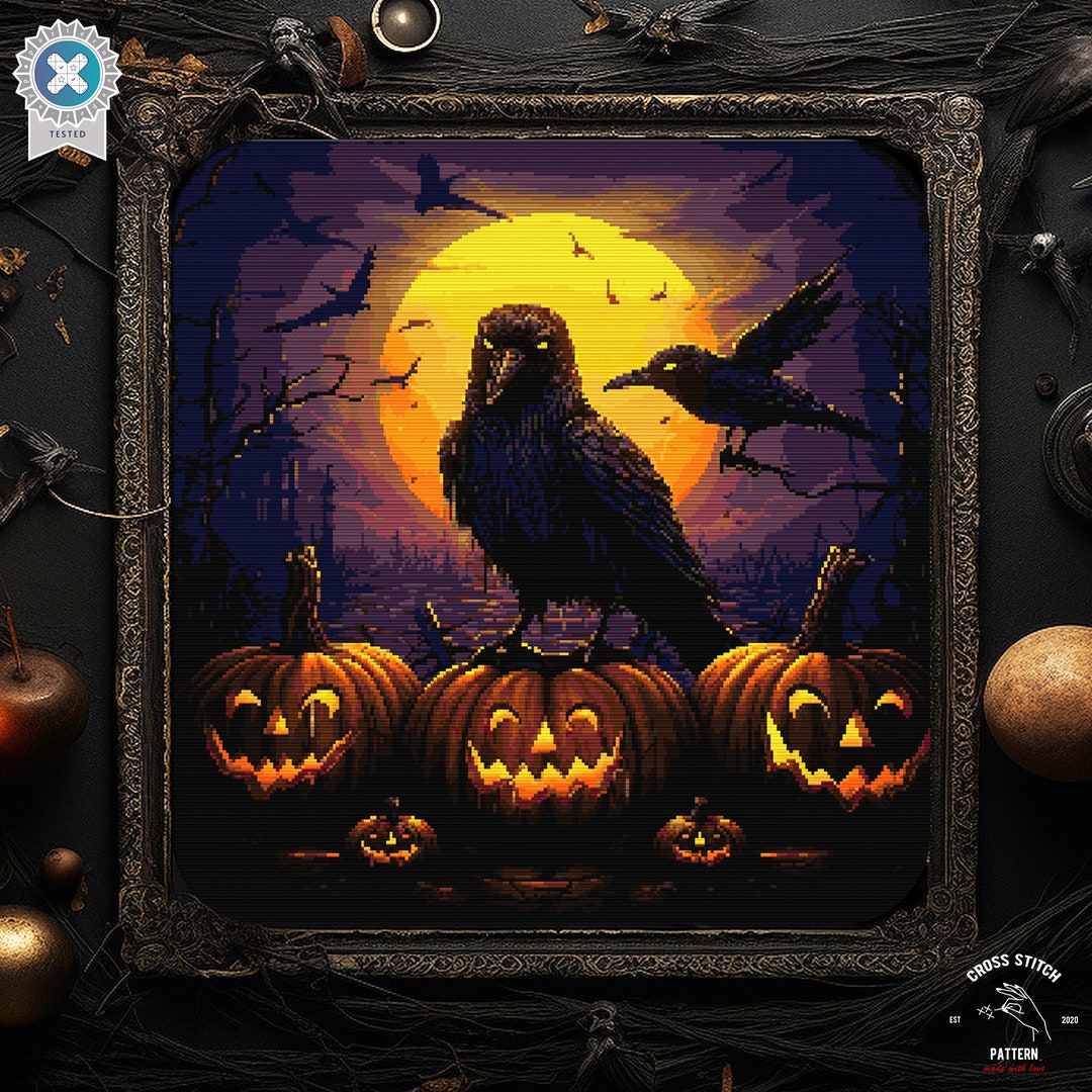Halloween Raven Cross Stitch Pattern Spooky Cross Stitch Bat Cross ...