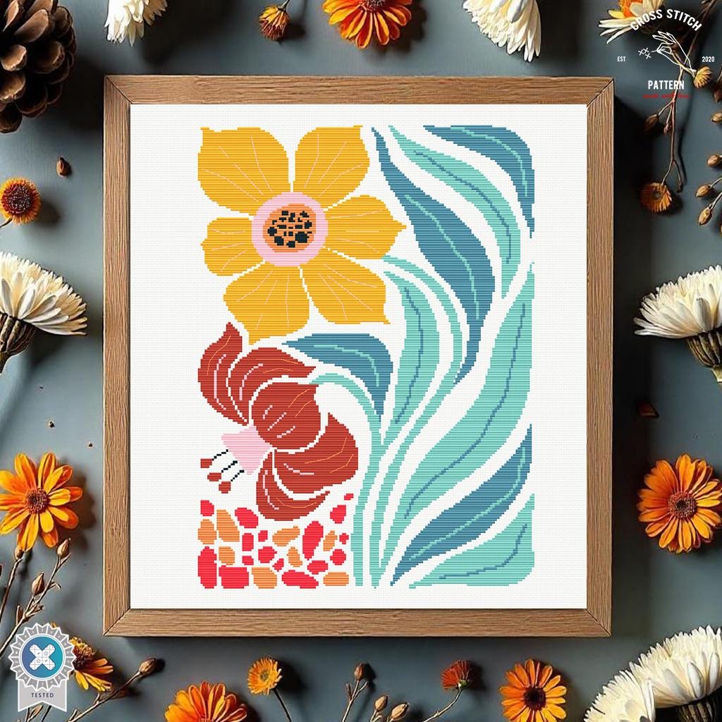 Plant Cross Stitch Pattern, Bright Flower Design, Colorful DIY Kit ...