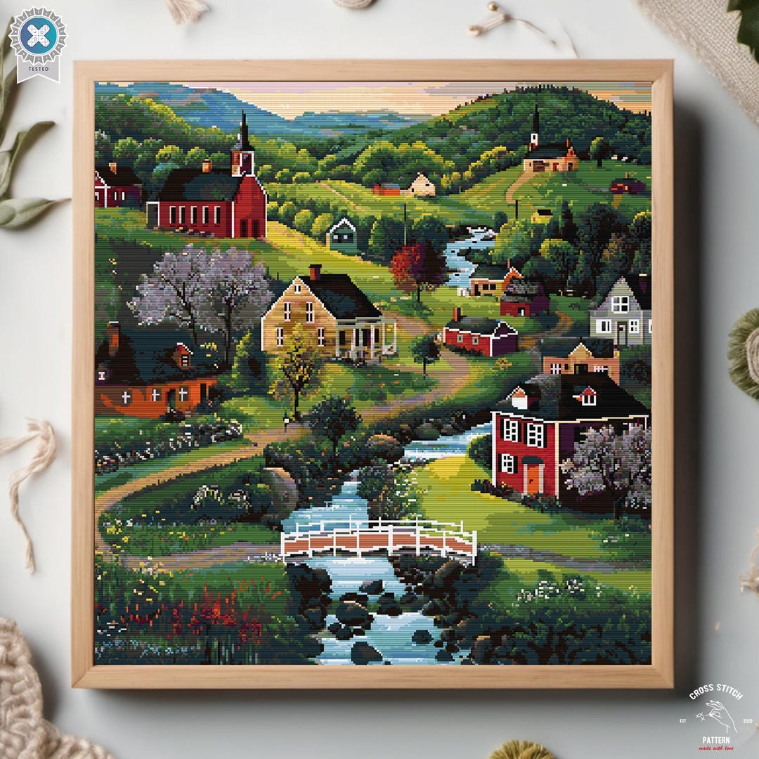 Village Cross Stitch Pattern Colorful Houses Countryside Cross Stitch ...