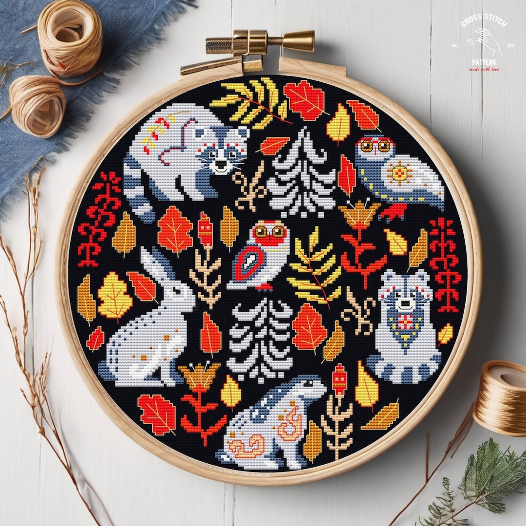 Scandinavian Cross Stitch Pattern Owl Rabbit Raccoon Cross Stitch Folk ...