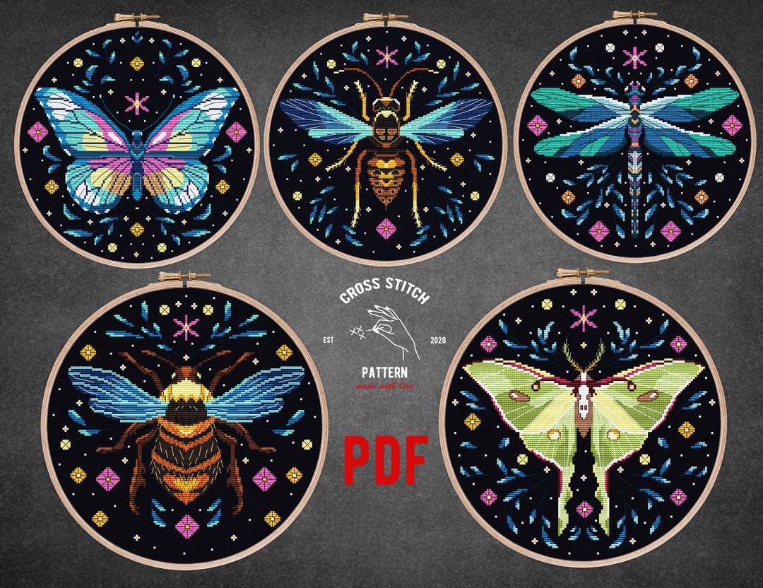 Set Insect Cross Stitch Pattern Floral Modern Embroidery Bee Luna Moth ...