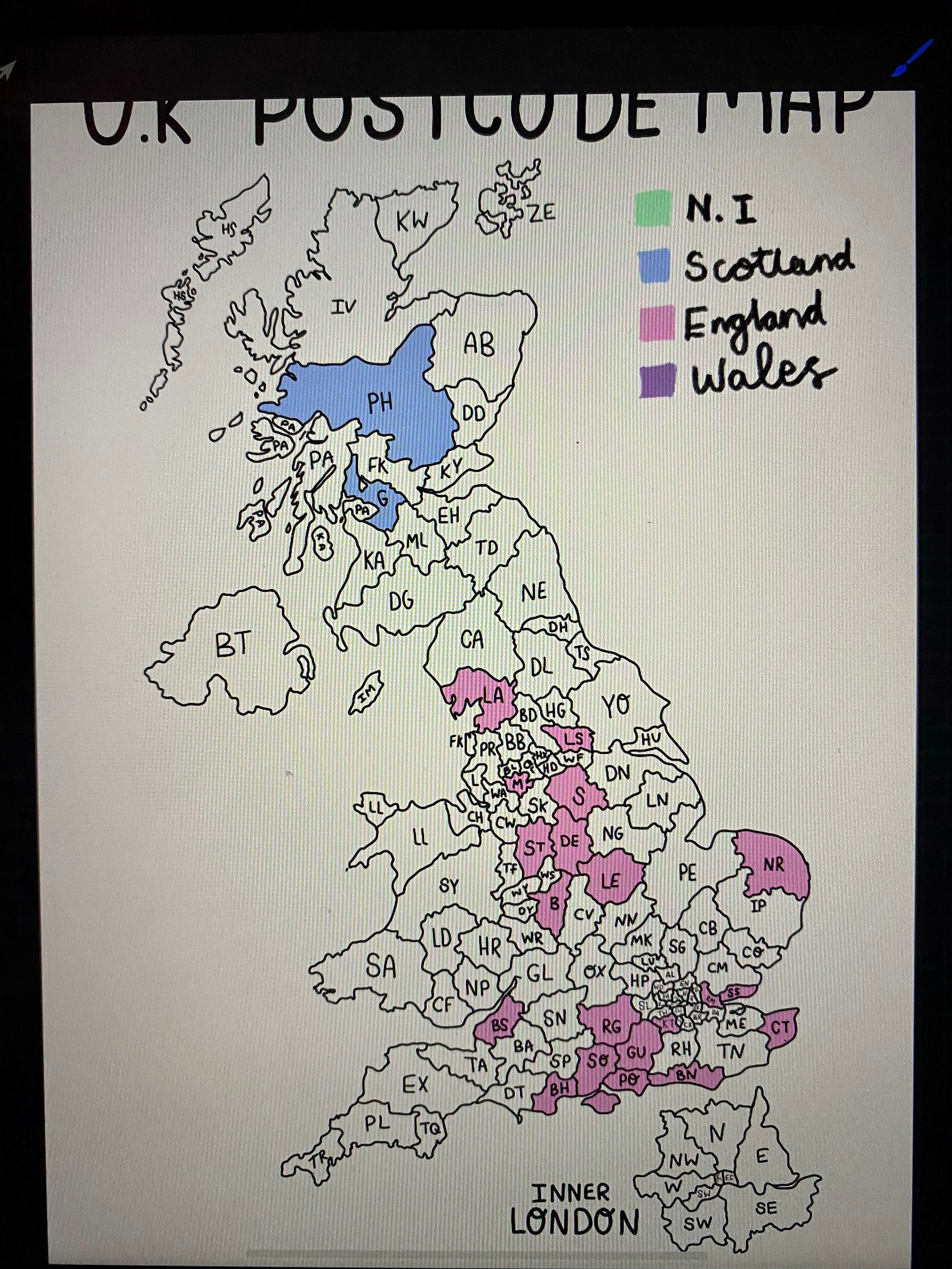 UK POSTCODE SALES Map Hand Illustrated Map Labelled Map | Etsy UK