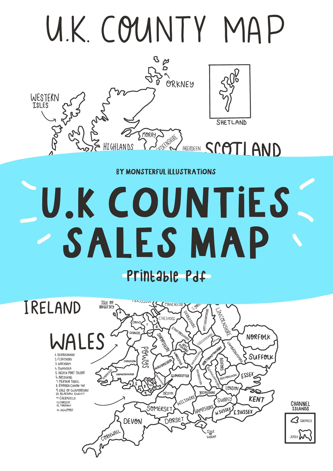 UK Counties Sales Map Hand Illustrated Map Labelled Map | Etsy