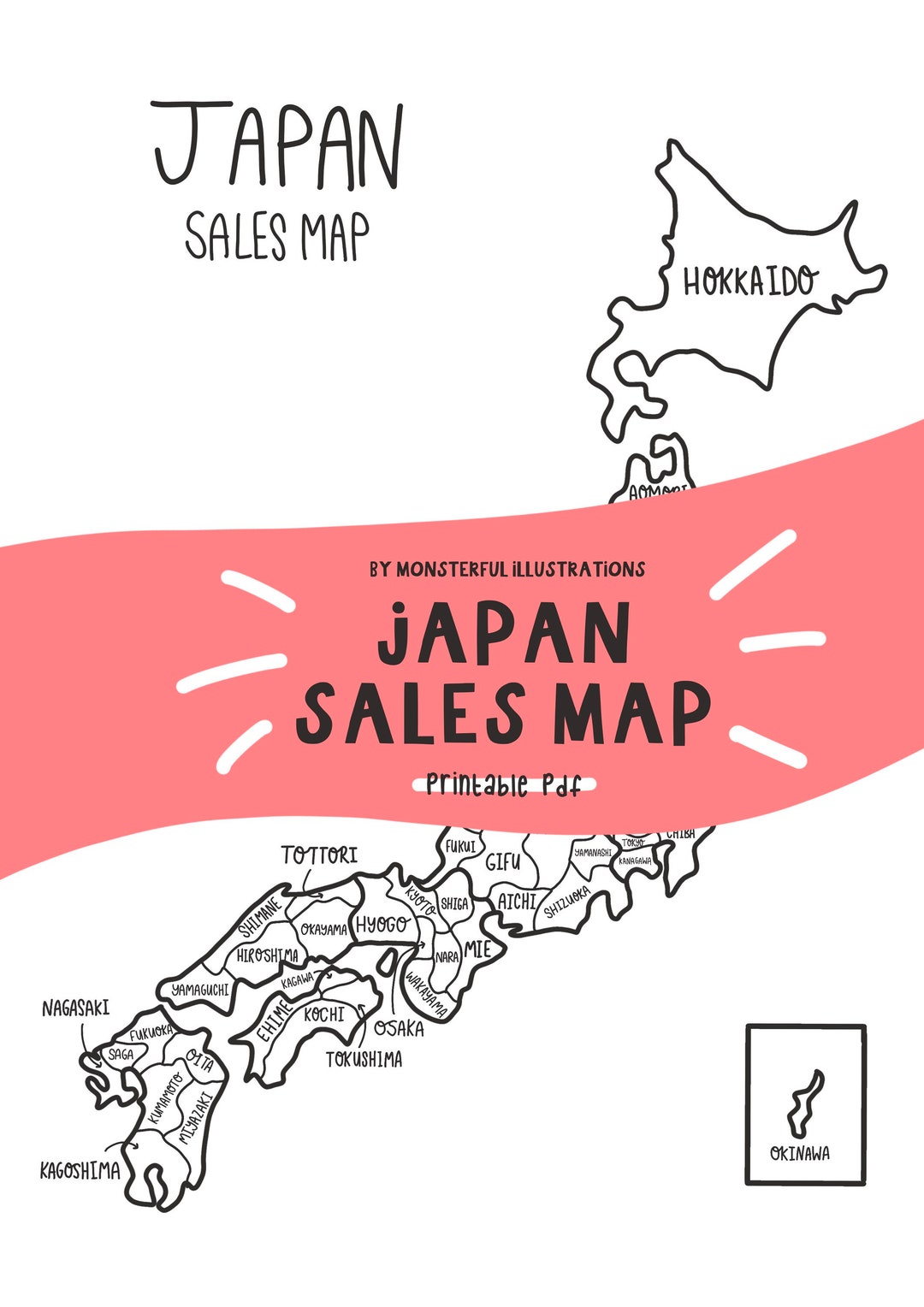 Sales Map Japan Map Hand Illustrated Map Labelled Map Instant Download ...
