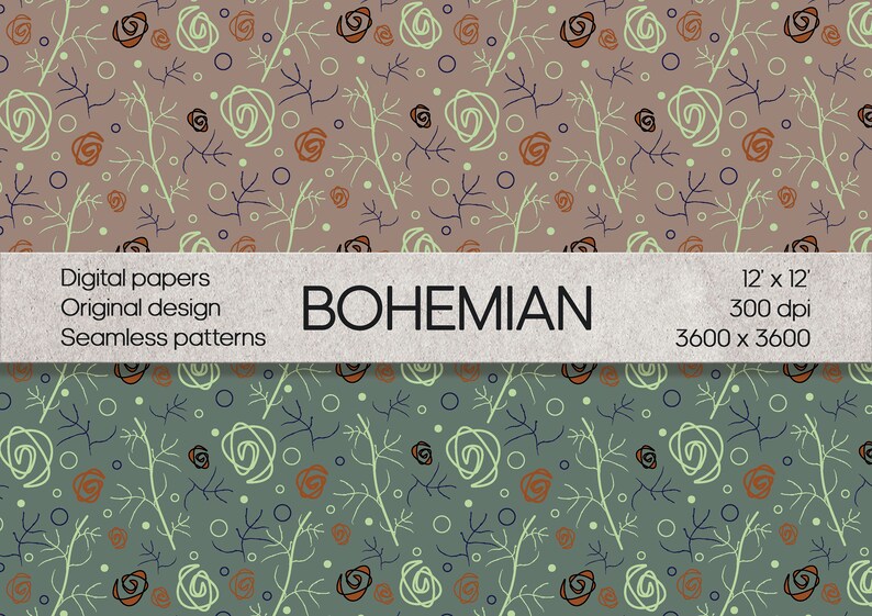 Digital Paper Pack Boho Style Botanical Seamless Pattern - Etsy