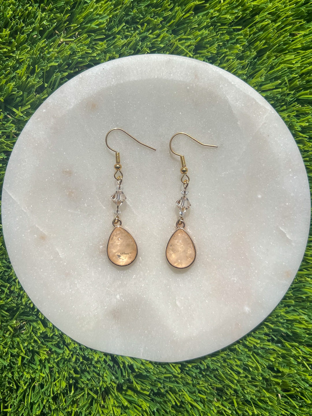Faux Oval Shaped Peach Quartz Crystal Earrings With Clear Beads | Gold ...