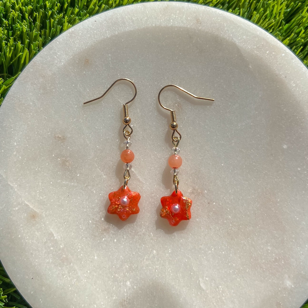 Peach Pink Opal and Gold Flake Flowers With Peach and Clear Beaded ...