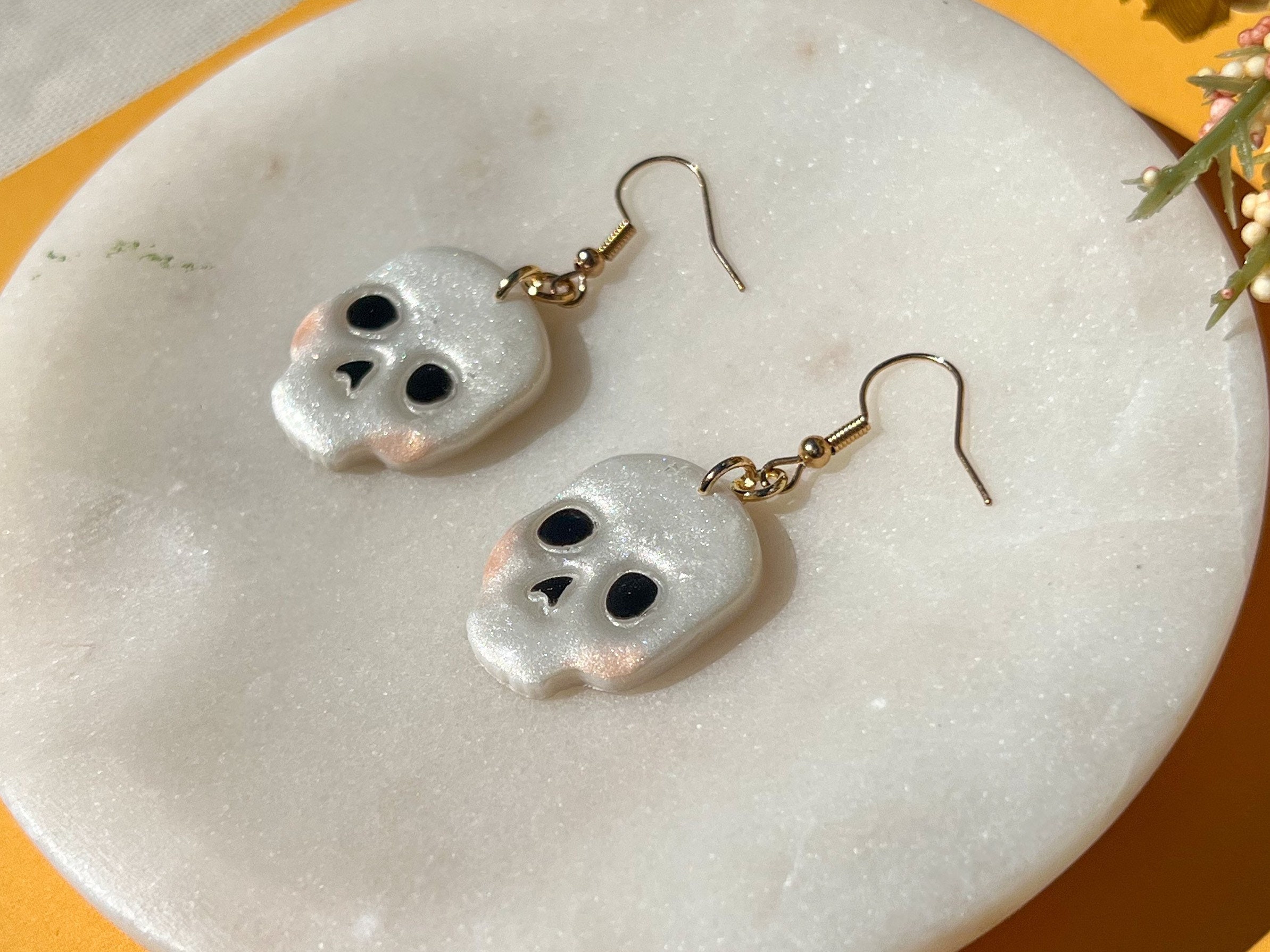 Shimmering Pearl Blushing Skull Polymer Clay Earrings, Keychains, and ...