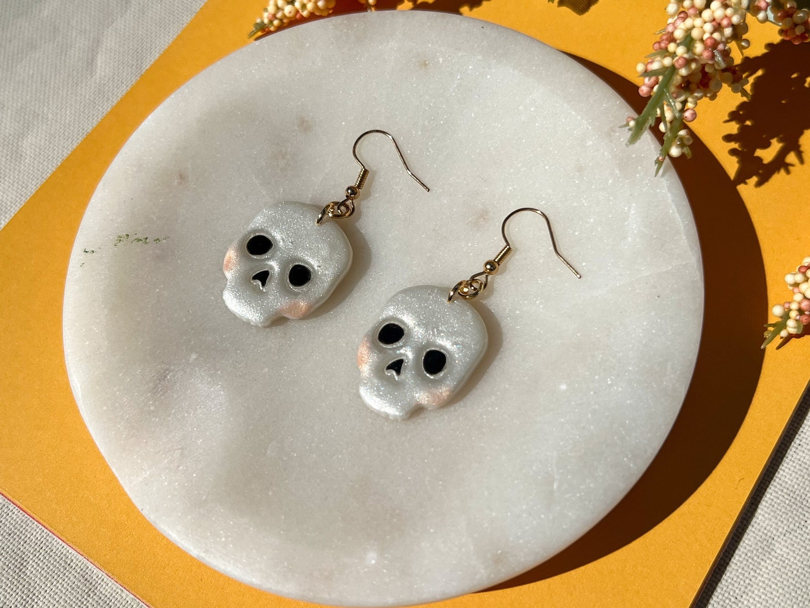 Shimmering Pearl Blushing Skull Polymer Clay Earrings, Keychains, and ...