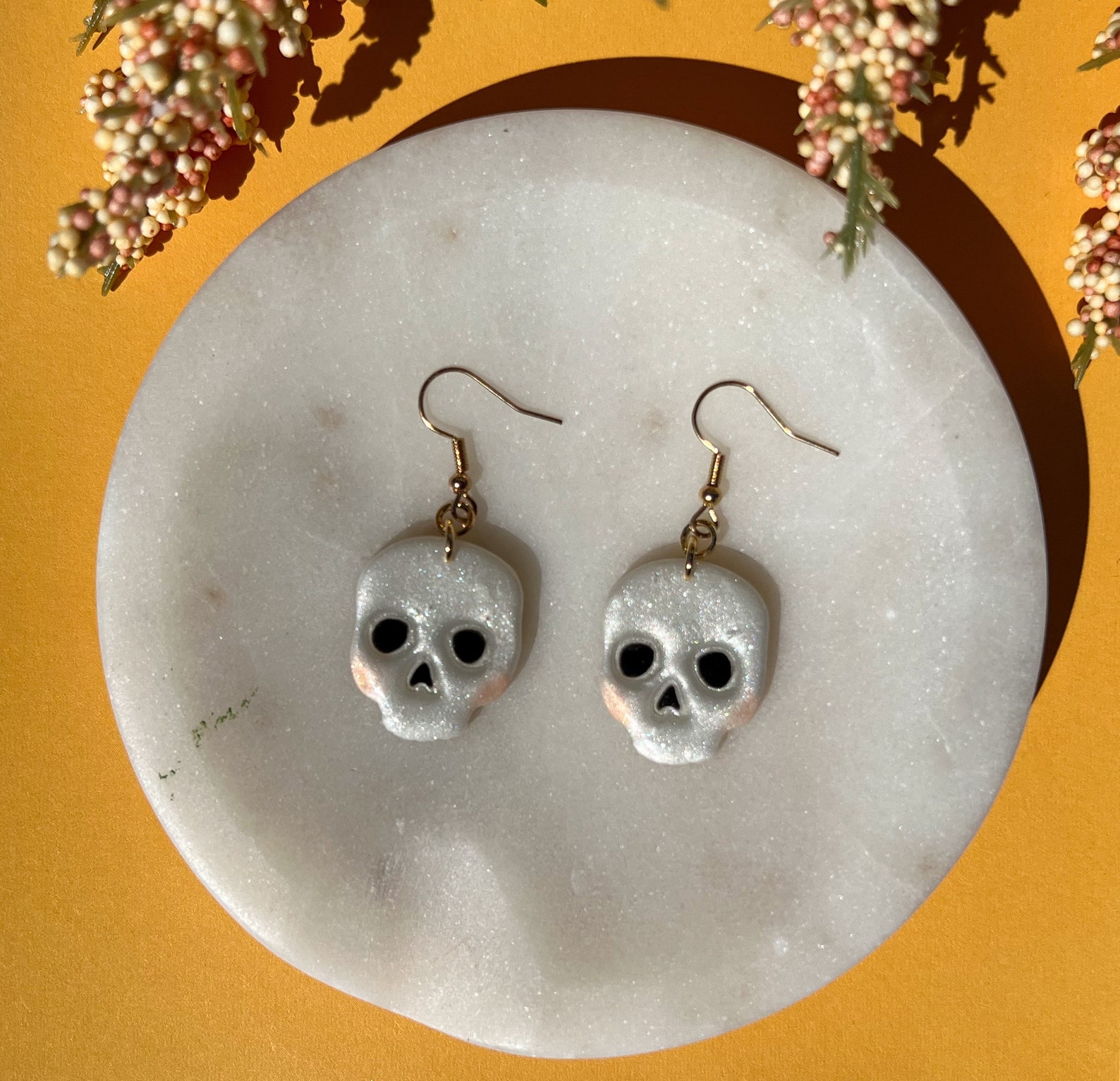 Shimmering Pearl Blushing Skull Polymer Clay Earrings, Keychains, and ...