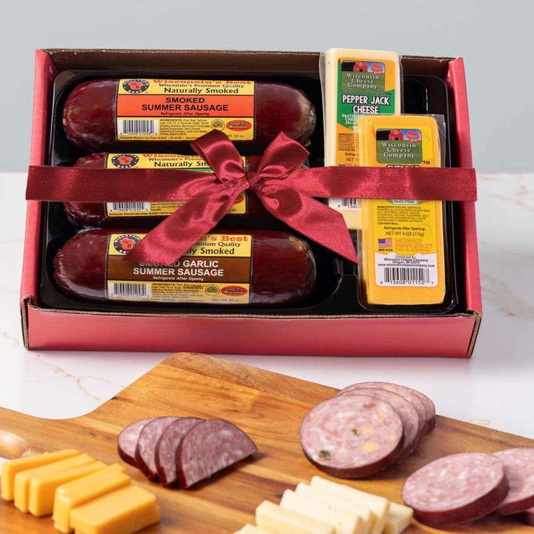 Wisconsin Cheese and Smoked Sausage Sampler Gift Box | Gourmet Meat ...