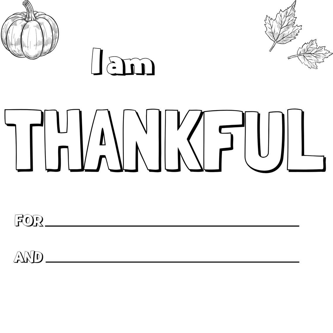 Thanksgiving Printable for Kids, I Am Thankful for Printable, Instant ...