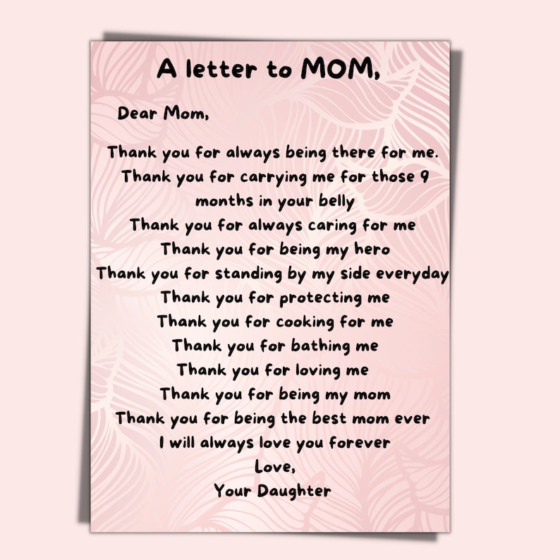 Kids Gift to Mom, A Letter to Mom, a Letter for Mom, Dear Mom Printable ...