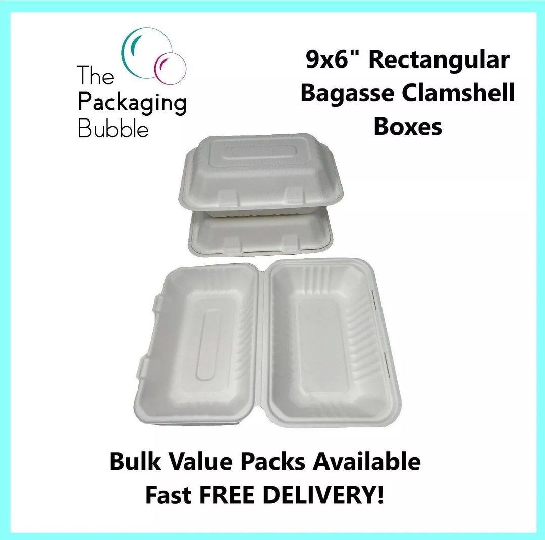 Bagasse Clamshell Boxes Takeaway Food Containers 9'' X 6" Compostable ...