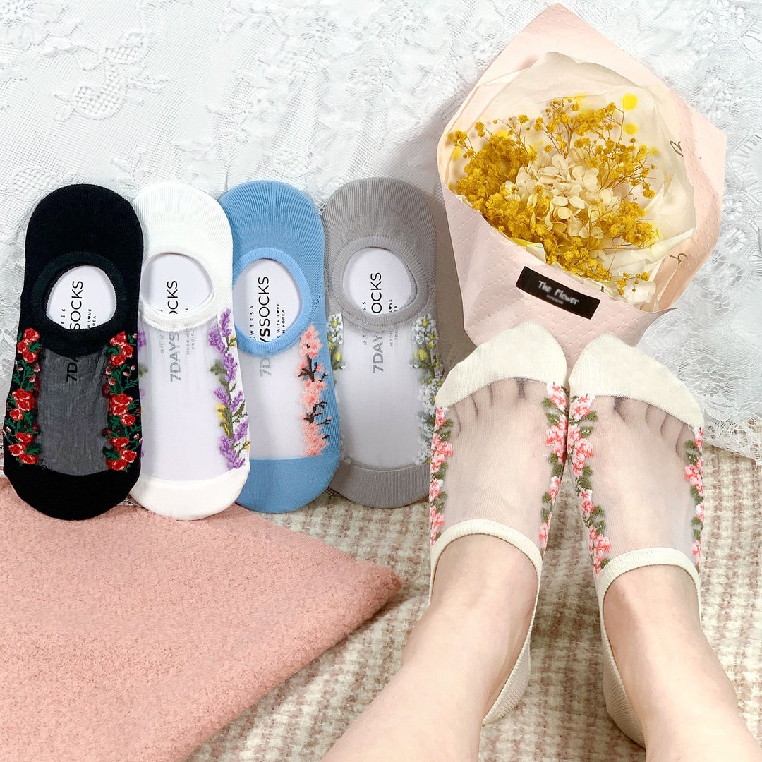 5 Pack Set Women's No Show Flower See Through Socks W/gift Pack - Etsy