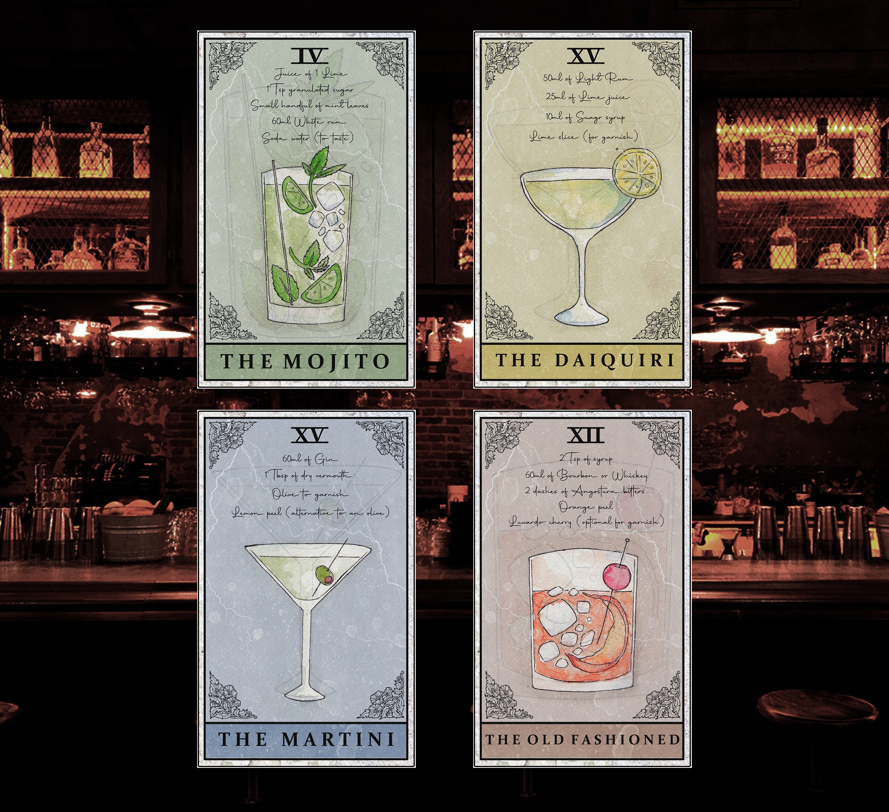 4 PACK Tarot Card Cocktail Prints 4 X 6 Mojito Old | Etsy