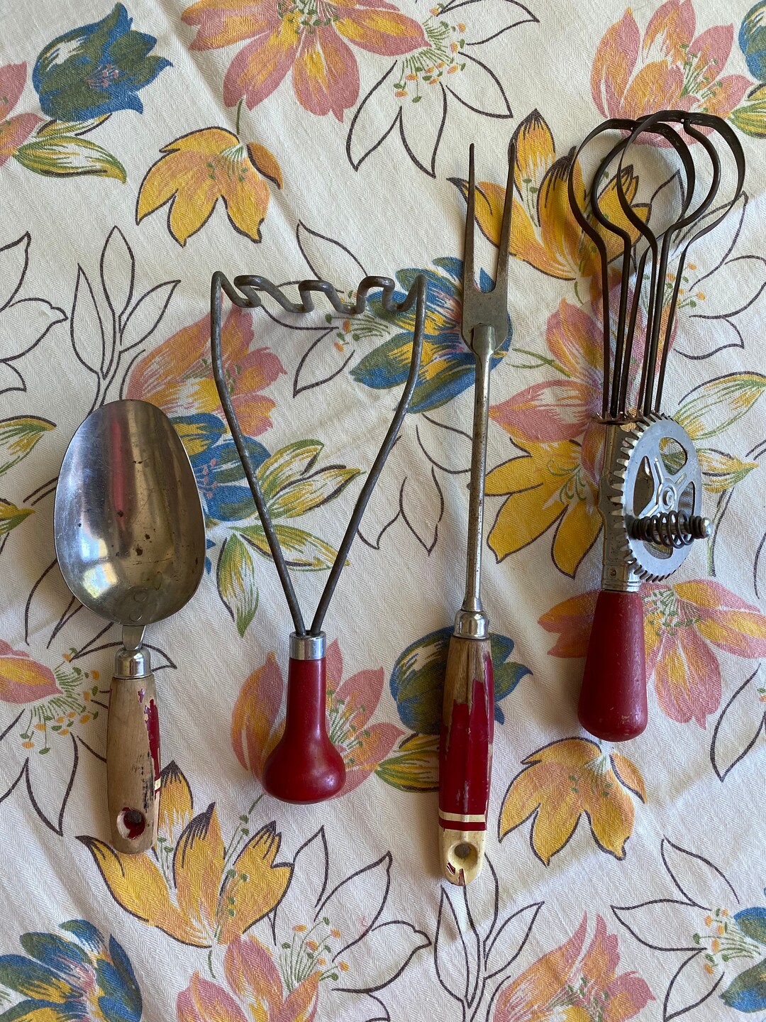 Retro Red Painted Wooden Handled Utensils ~ Set of Four, Vintage ...