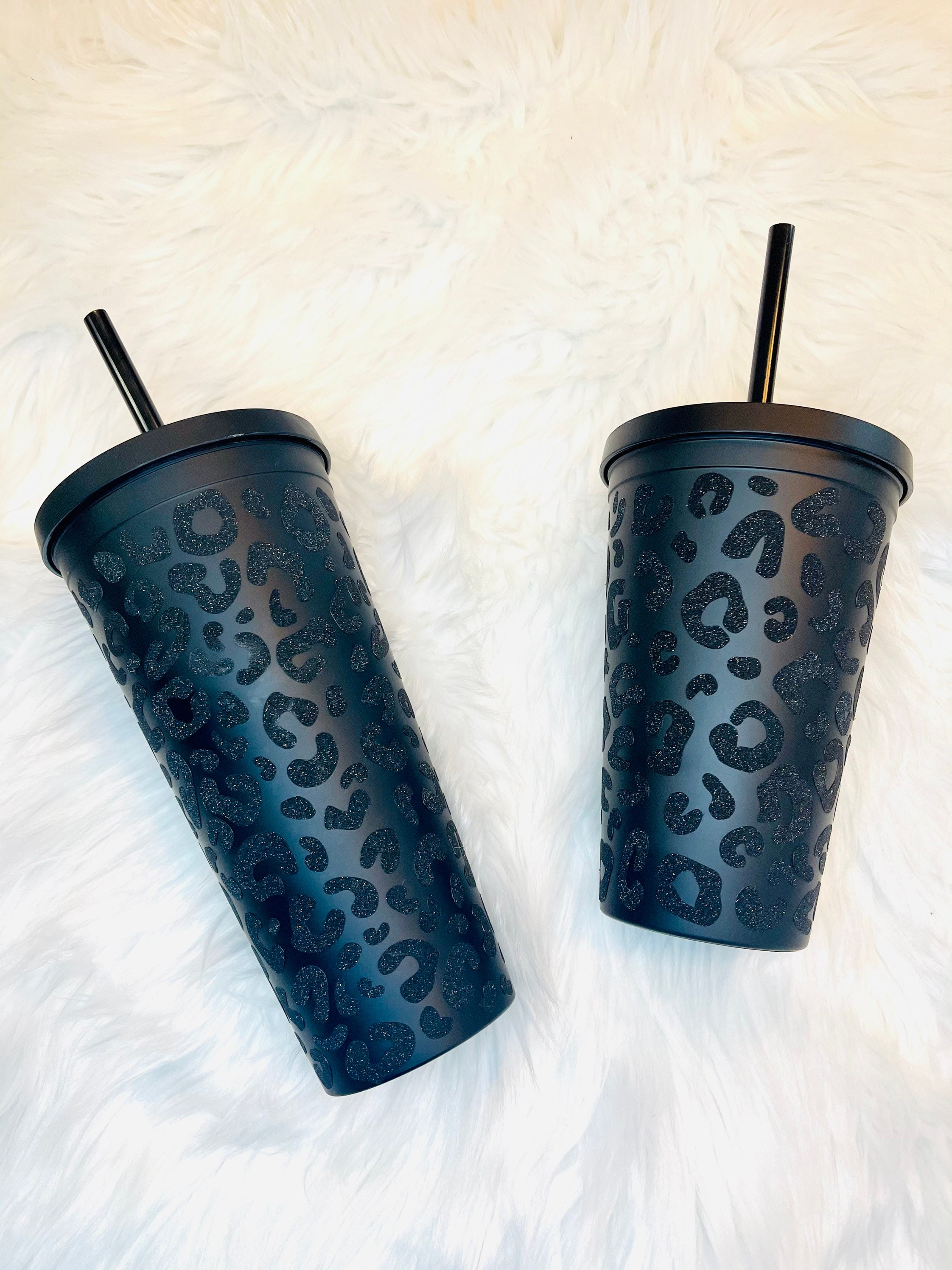 Leopard Print Tumbler with Straw Matte Black Tumbler Black | Etsy
