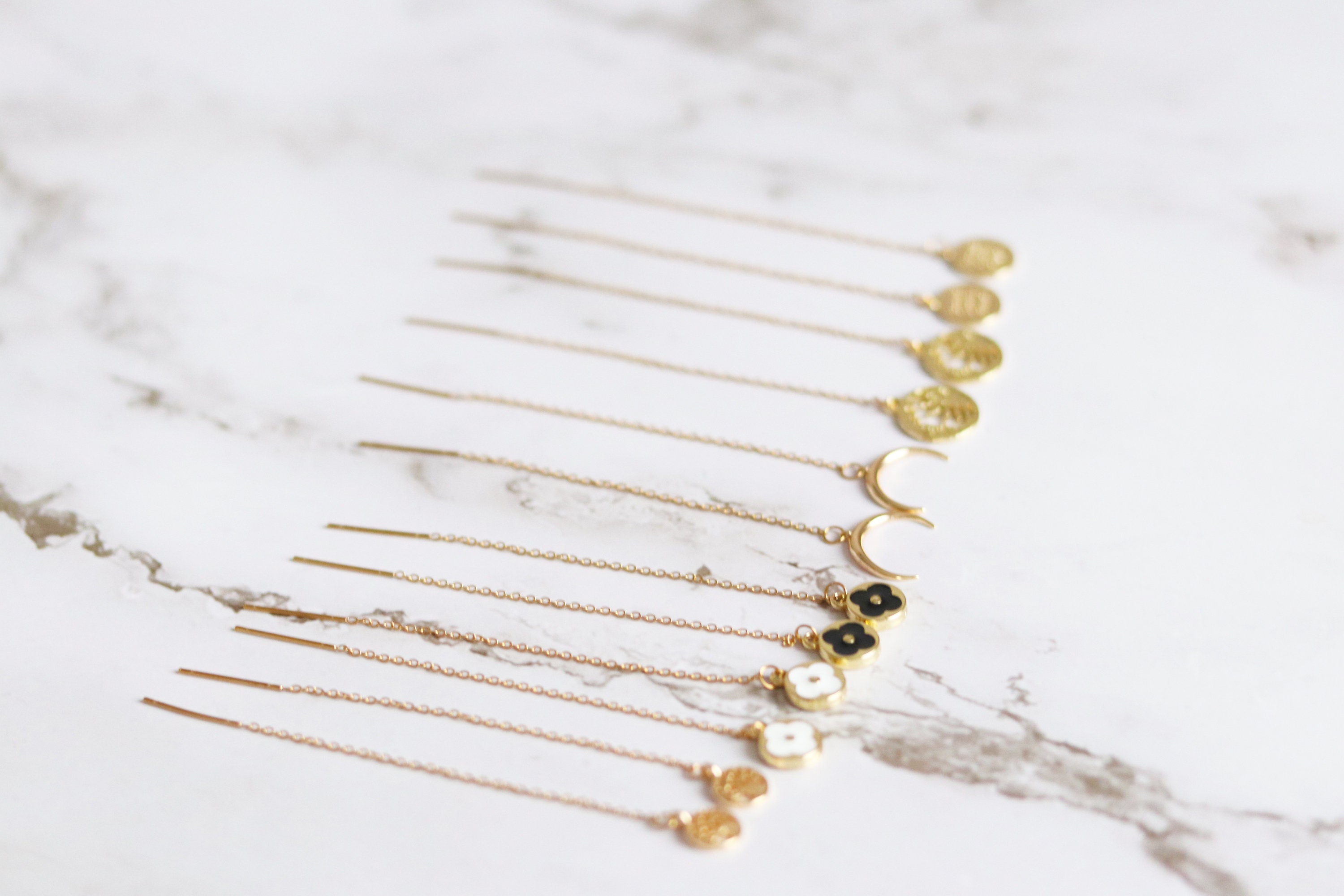 Threader Earrings Pull Through Earrings Flower Thread Earrings Gold ...