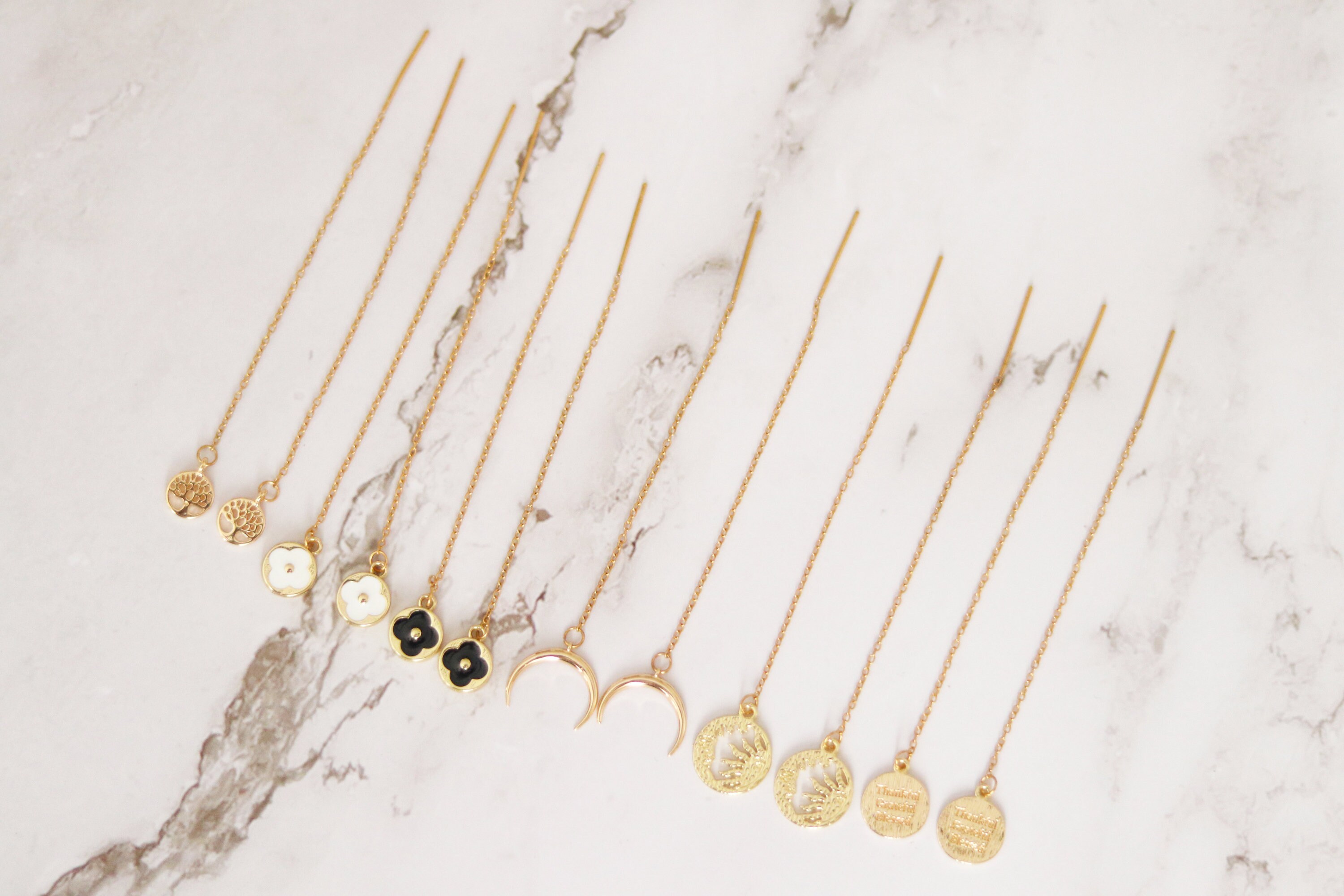 Threader Earrings Pull Through Earrings Flower Thread Earrings Gold ...