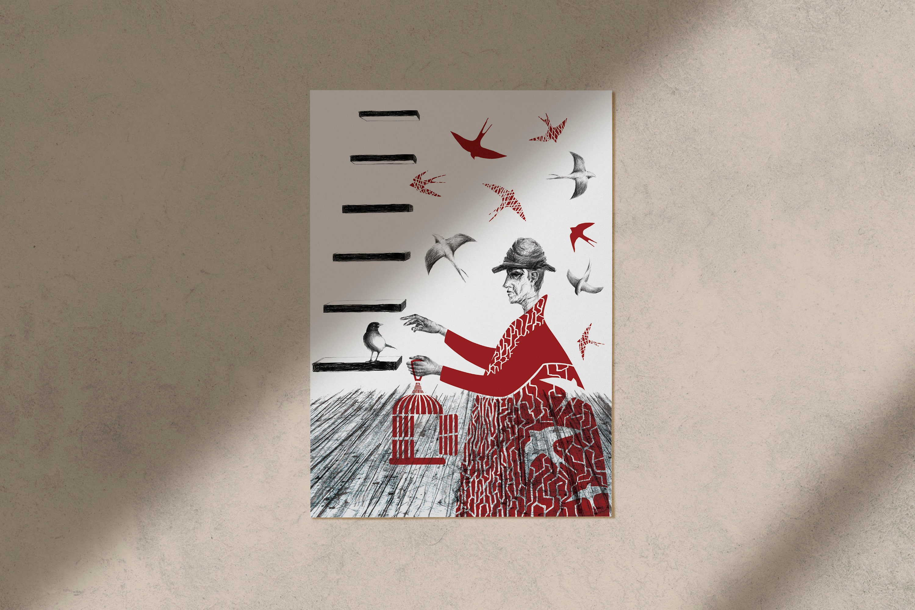 Negro y rojo jaula jaula pared arte digital impresión archivo digital ...