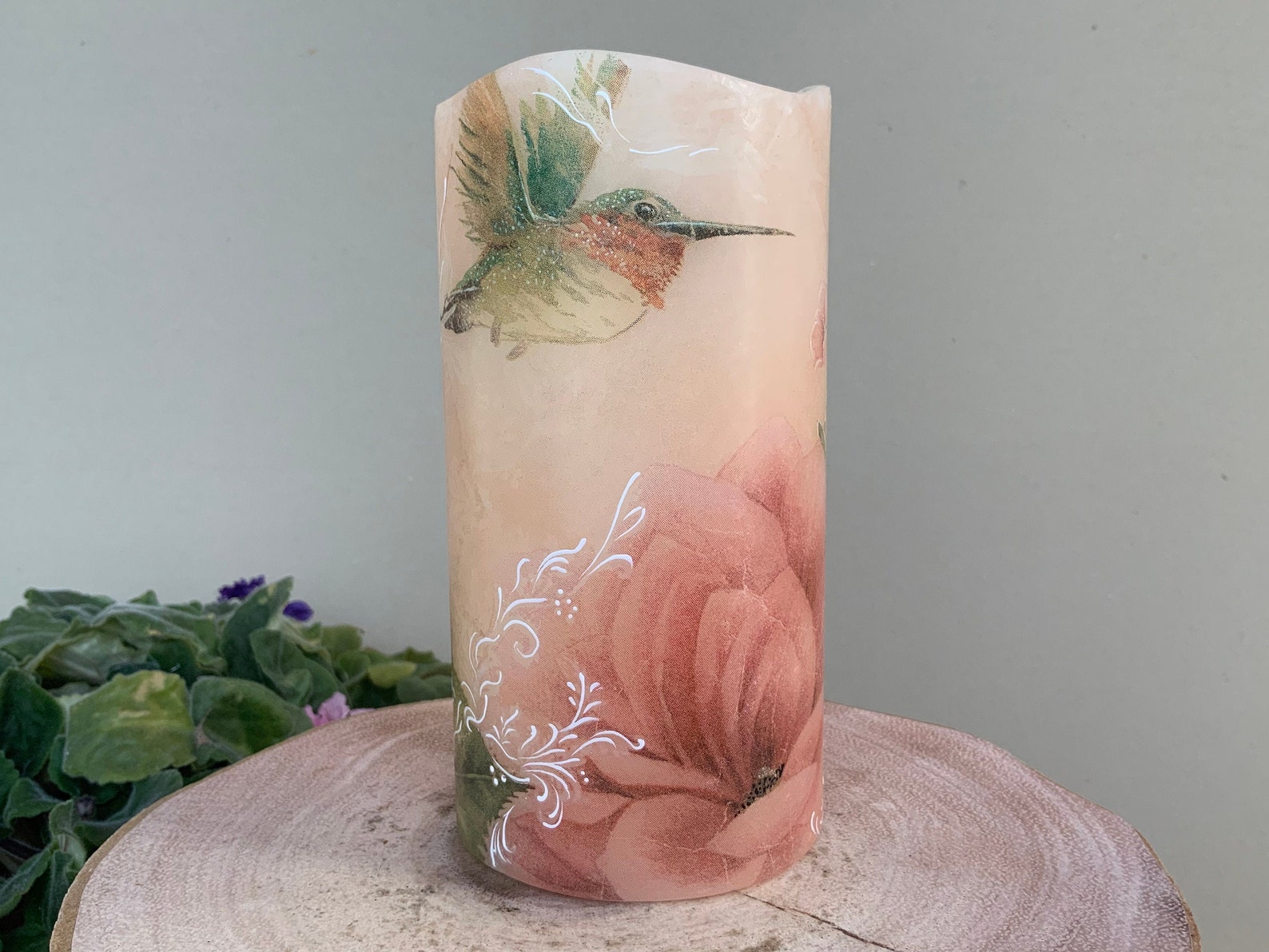 Candle hummingbirds at Sunrise Floral Art Pillar - Etsy