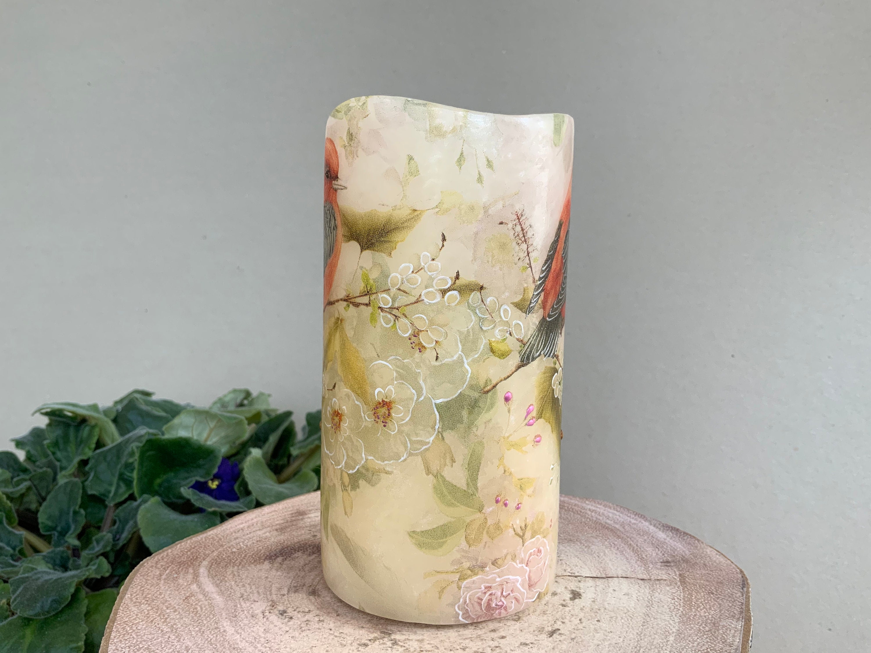 Candle vintage Bird Spring Floral Art Pillar | Etsy