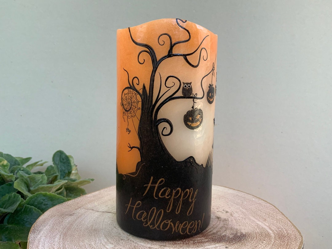 LED Candle "happy Halloween" - Hand Decorated Pillar Art Wax Candles ...