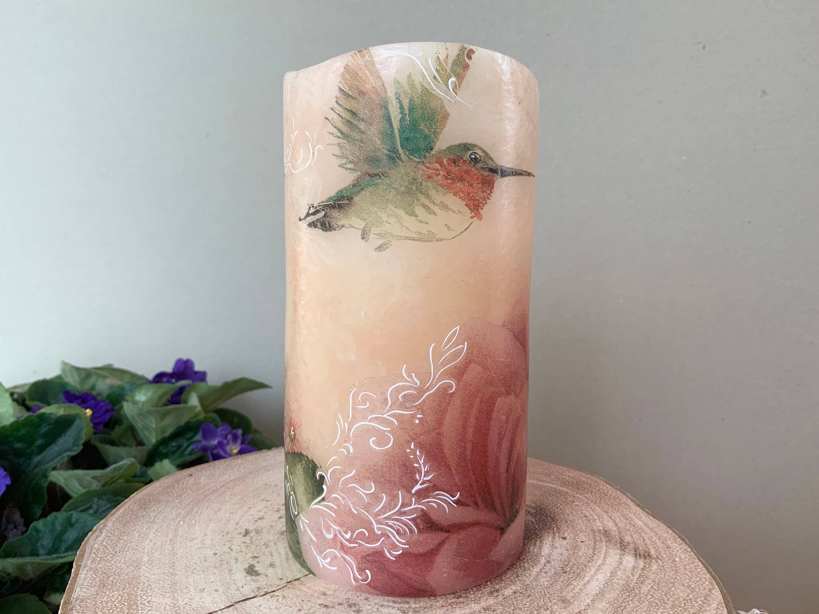 Candle hummingbirds at Sunrise Floral Art Pillar | Etsy