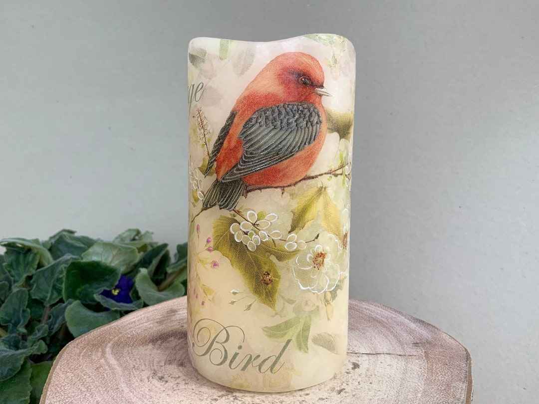 Candle "vintage Bird" - Spring Floral Art Pillar Candles - LED or ...