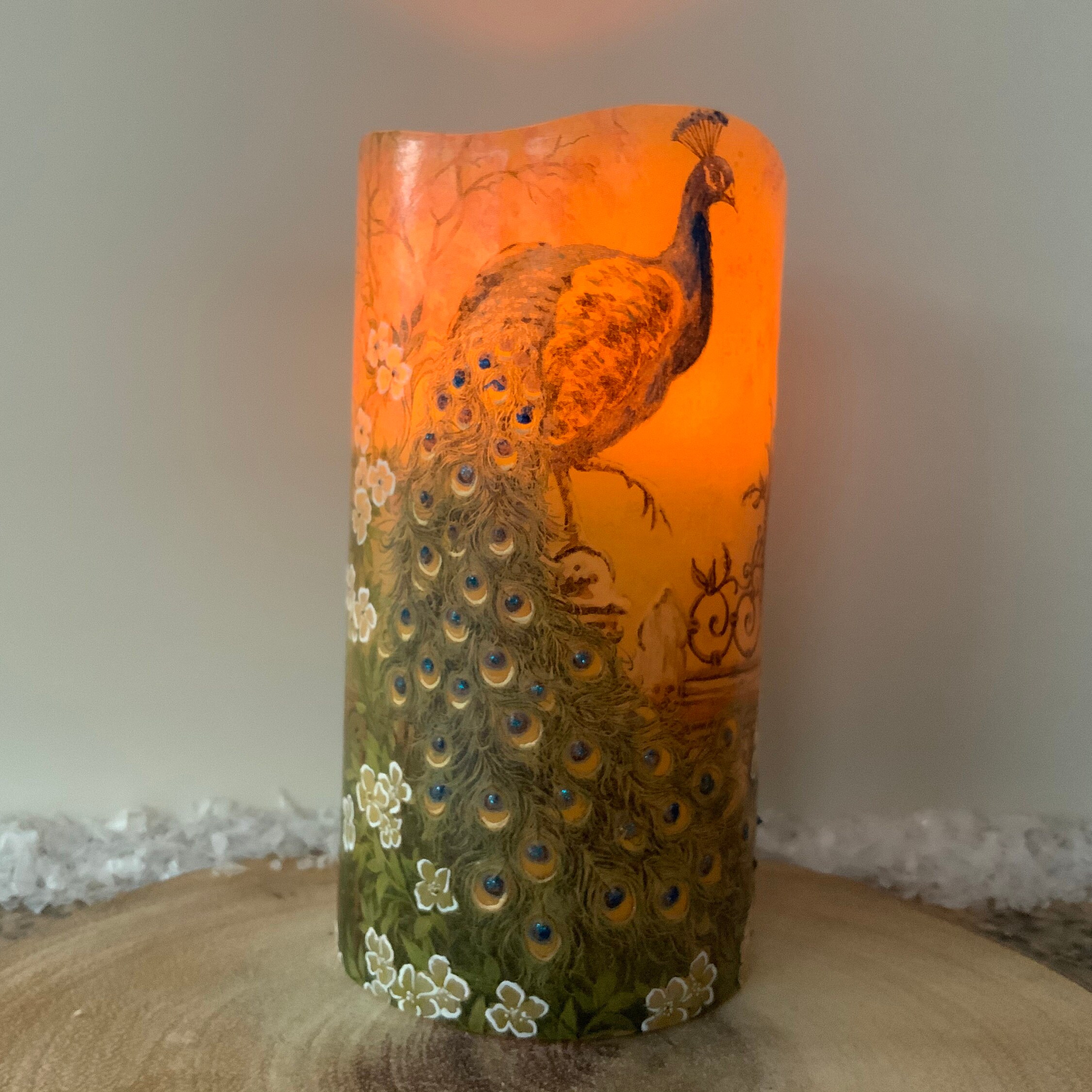 LED Candle Vintage peacock hand decorated art | Etsy