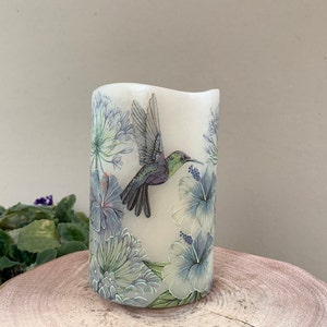 LED Candle "hummingbird in Blue" - Floral Art Wax Pillar Candles - Hand ...