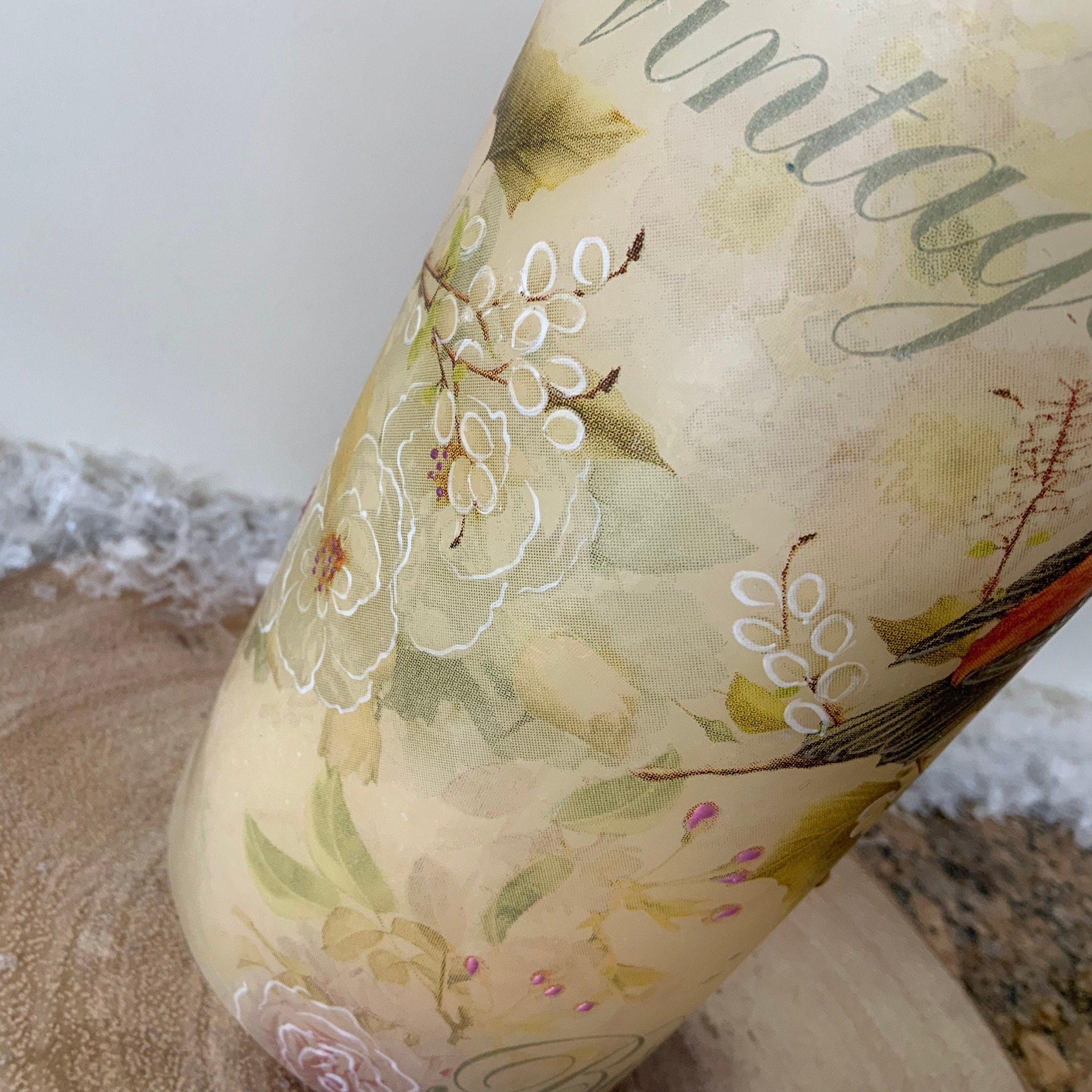 Candle vintage Bird Spring Floral Art Pillar | Etsy