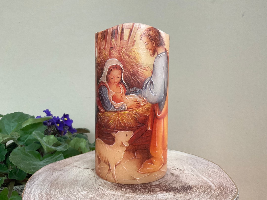 LED Candle "birth of Jesus" - Nativity of Christ Pillar Candle ...