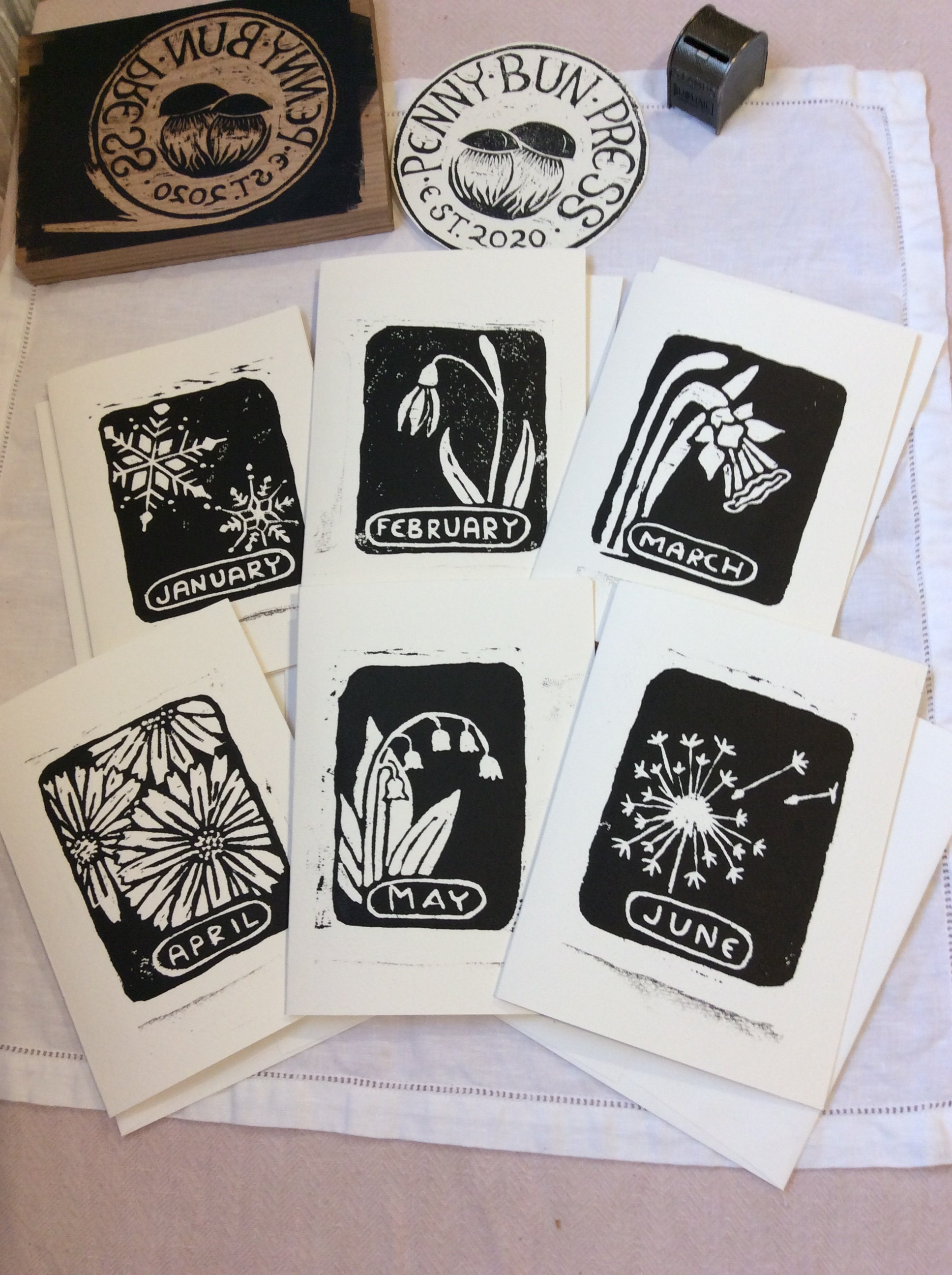 January to June Flower Month Cards - Woodcut Relief Block Hand-printed ...