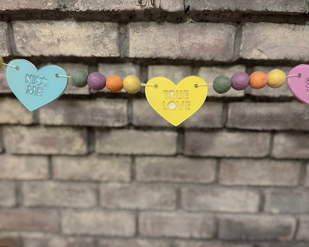 Conversation Heart Valentine Garland, Pastel Acrylic and Wool Felt ...