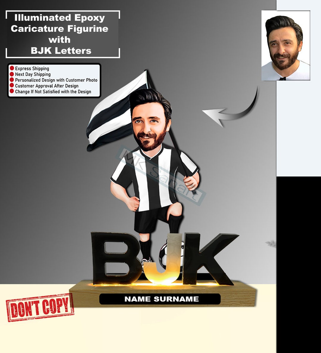 Illuminated Epoxy Caricature Figurine With BJK Letters, for Him - Etsy