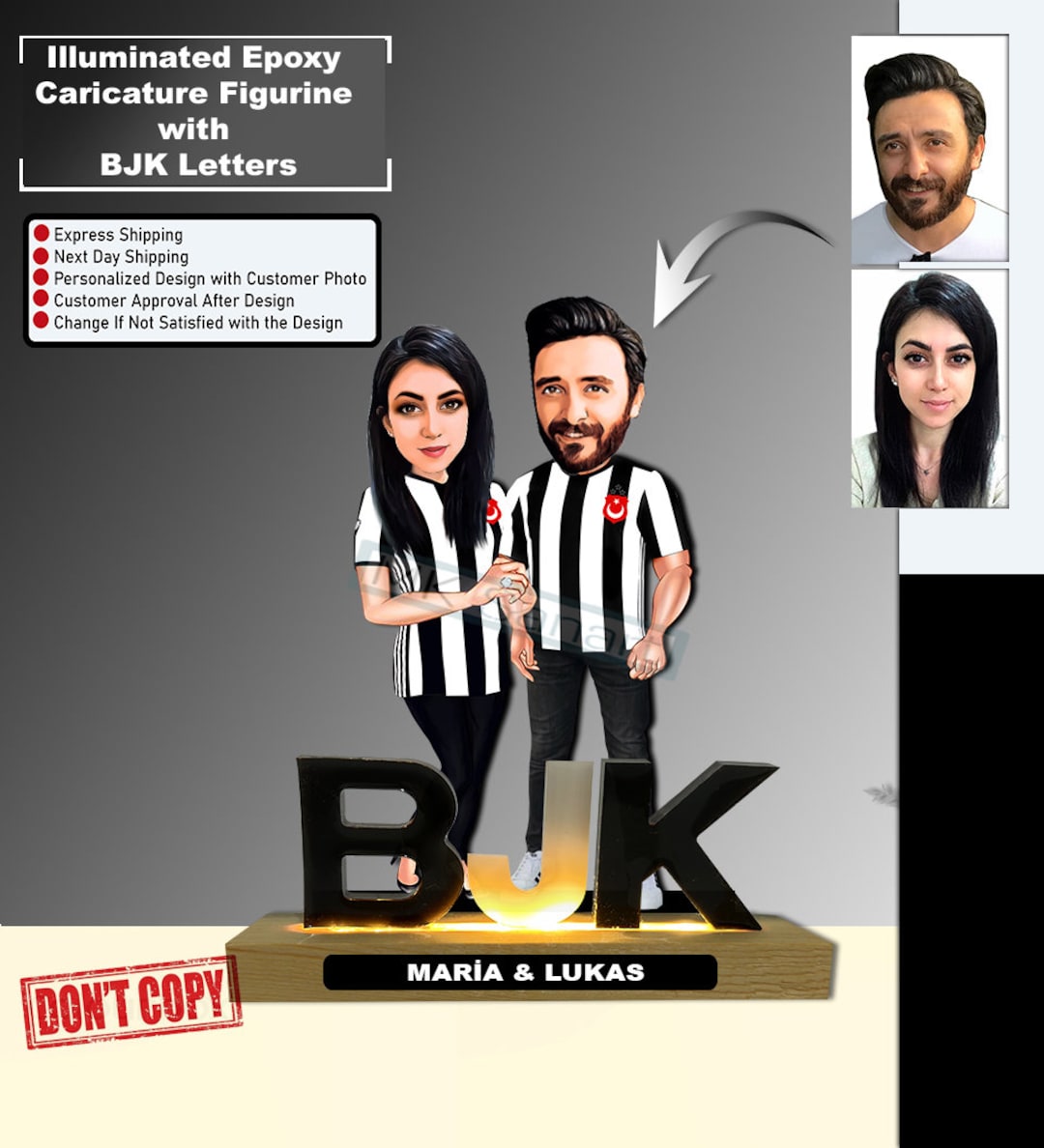 Illuminated Epoxy Caricature Figurine With BJK Letters, for Love, for ...