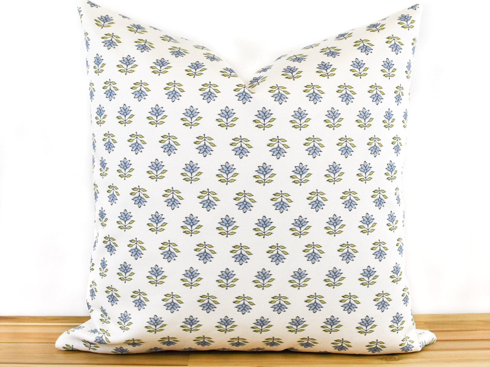 Blue Floral Block Print Pillow Cover, Blue and Green Floral Pillow ...