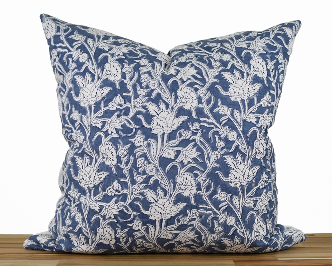 Blue Floral Block Print Pillow Cover, Blue and White Floral Pillow ...