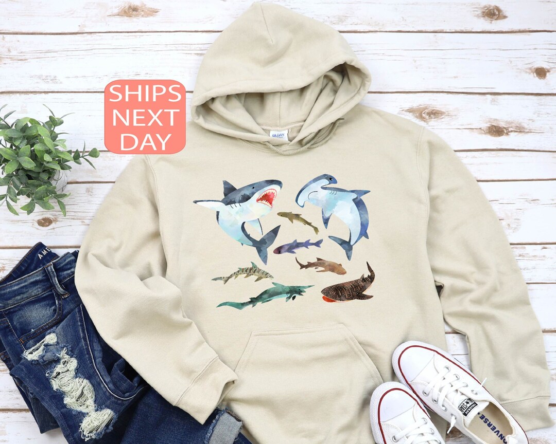 Watercolor Shark Hoodie, Types of Sharks Sweatshirt, Illustrated Hoodie ...