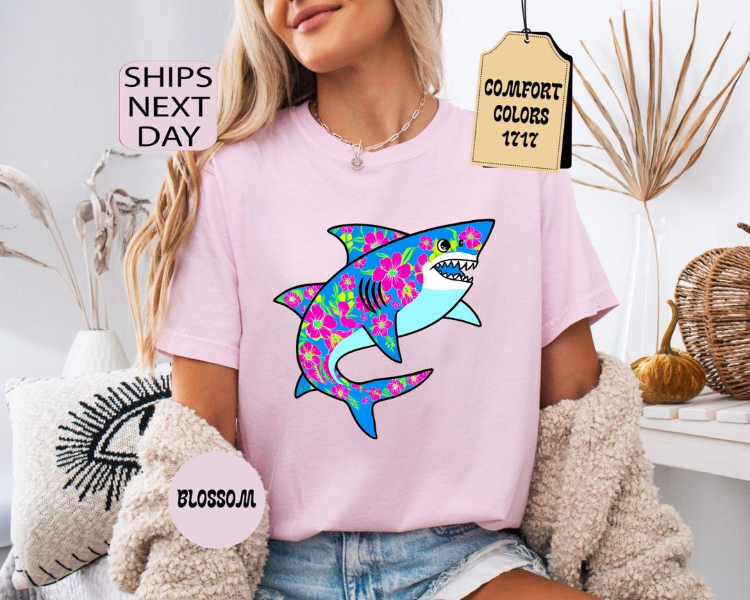 Comfort Colors Shark Shirt, Cute Summer Tee for Adult & Youth, Preppy ...