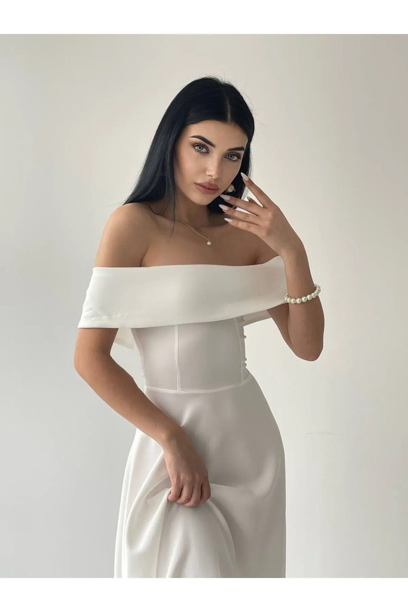 Off the Shoulder off White Midi Wedding Dress, Courthouse Wedding Dress ...